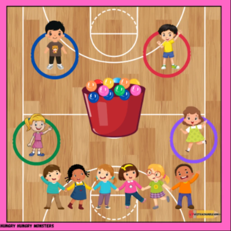 K-2 HUNGRY MONSTERS Gym Game (Throwing, Catching, Counting)